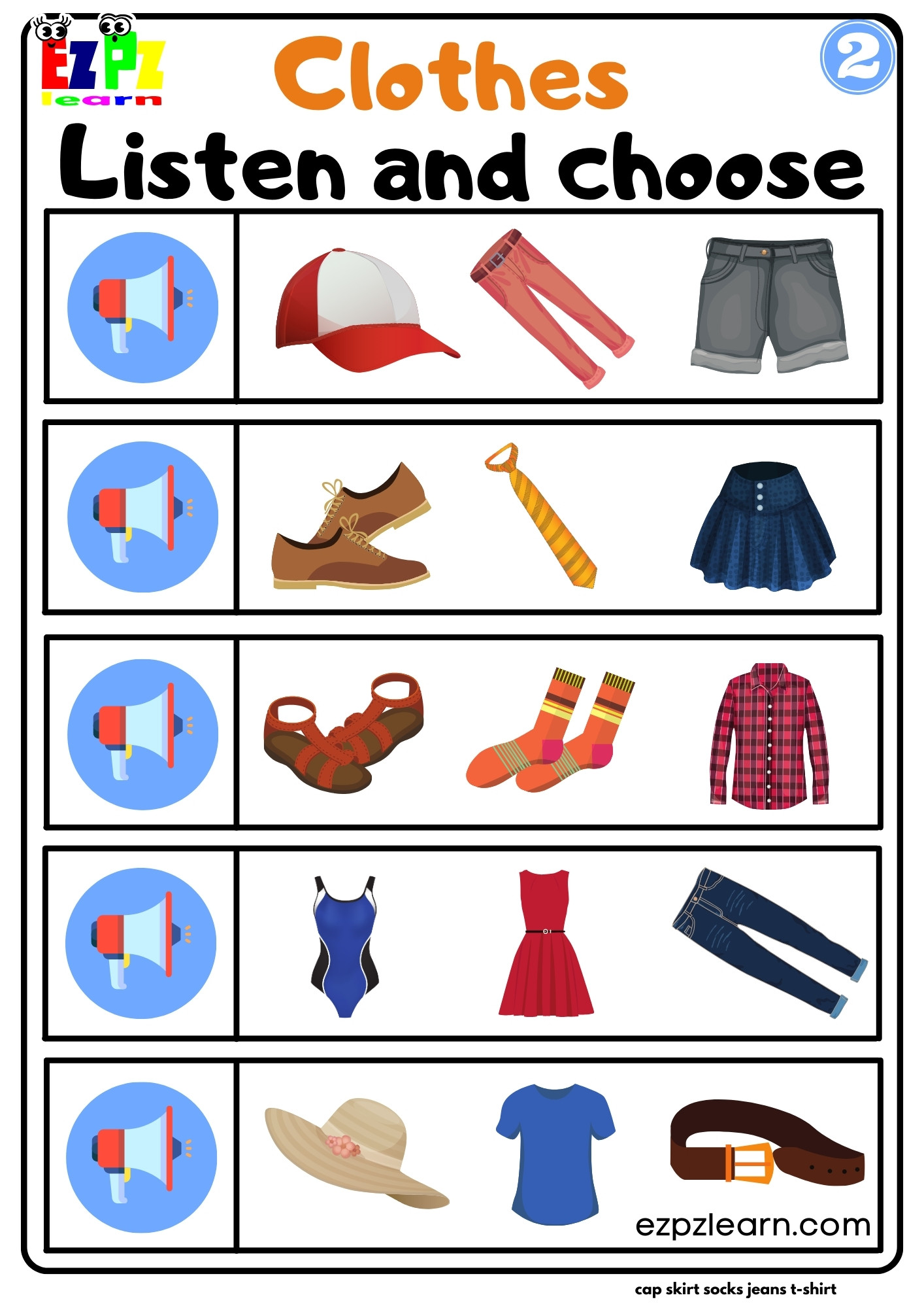 Interactive Clothes Worksheet Listen and Choose the Correct Images Activity for Kids and ESL ...
